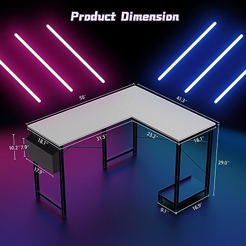 Sweetcrispy L Shaped Gaming Desk, Computer Desk Corner Desks PC Gaming Desk Table with CPU Stand Side Bag for Home Office Dorm Sturdy Writing Workstation, White, 50 Inch