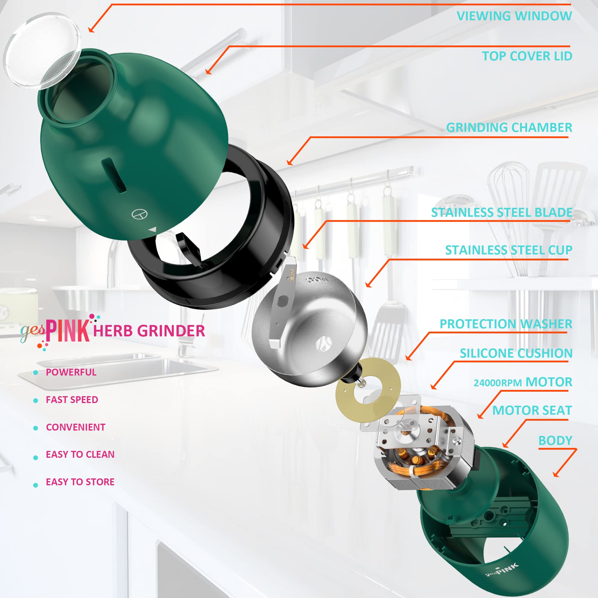 gesPINK Herb Grinder, Electric Spice Grinder, Automatic Grinder for leaves, beans, nuts, seeds, grains, Coffee Grinder with Stainless Steel Cup, Easy to Use and Clean, with Spoon and Brush (Green)