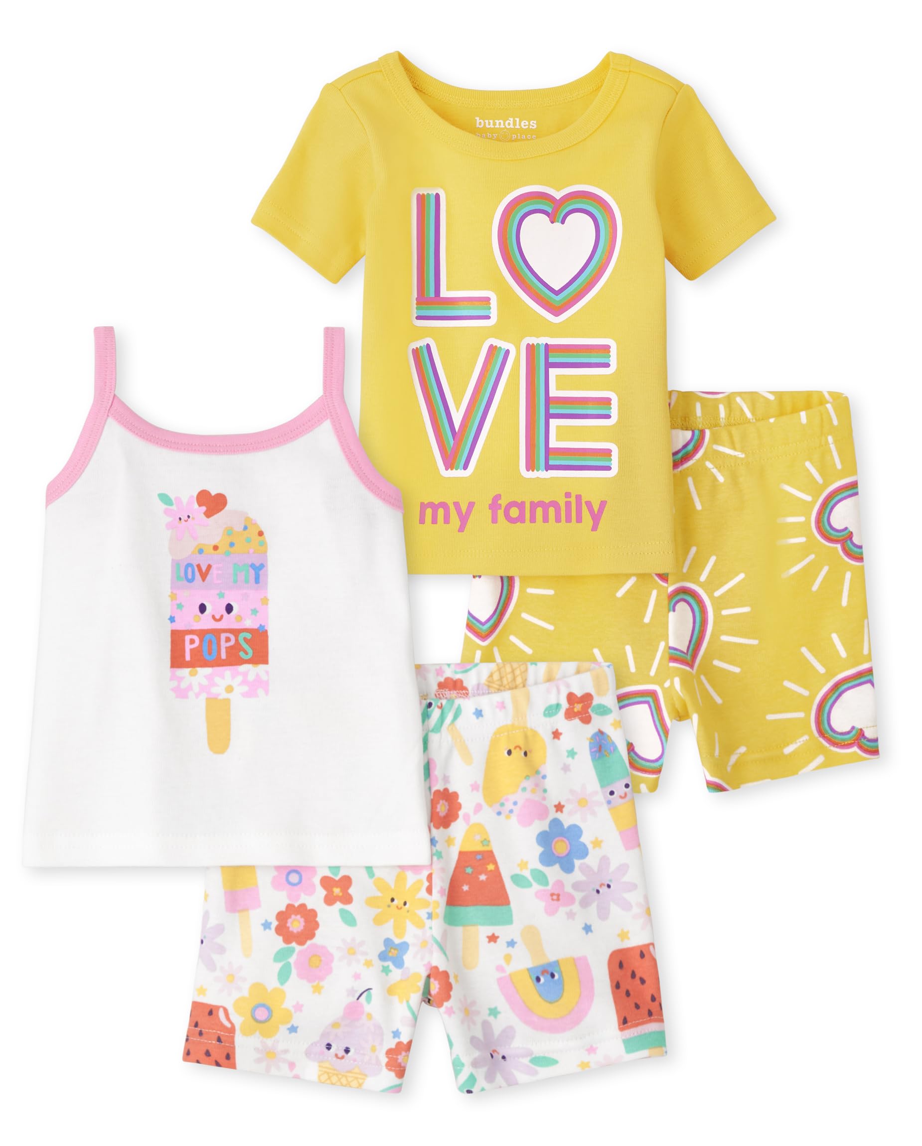 The Children's Place Baby Girls' and Toddler Snug Fit 100% Cotton Short Sleeve Top and Pants 4 Piece Pajama Set, Elephant Floral, 18-24 Monts