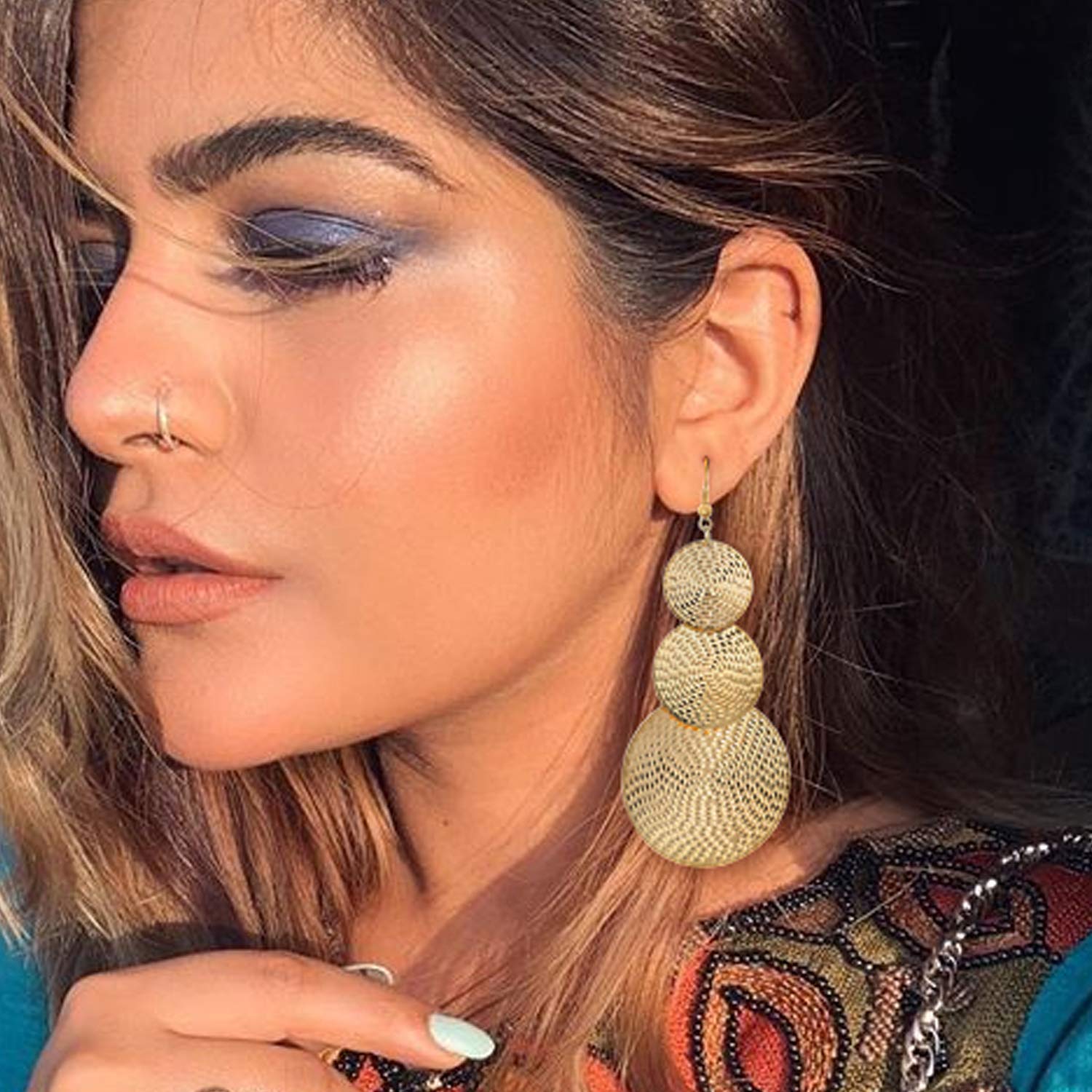 COZLANE 14K Gold Triple Round Disc Earrings Dangle Drop Carved Big Dangling Bohemia Vintage Circular Statement Chandelier Earrings for Women