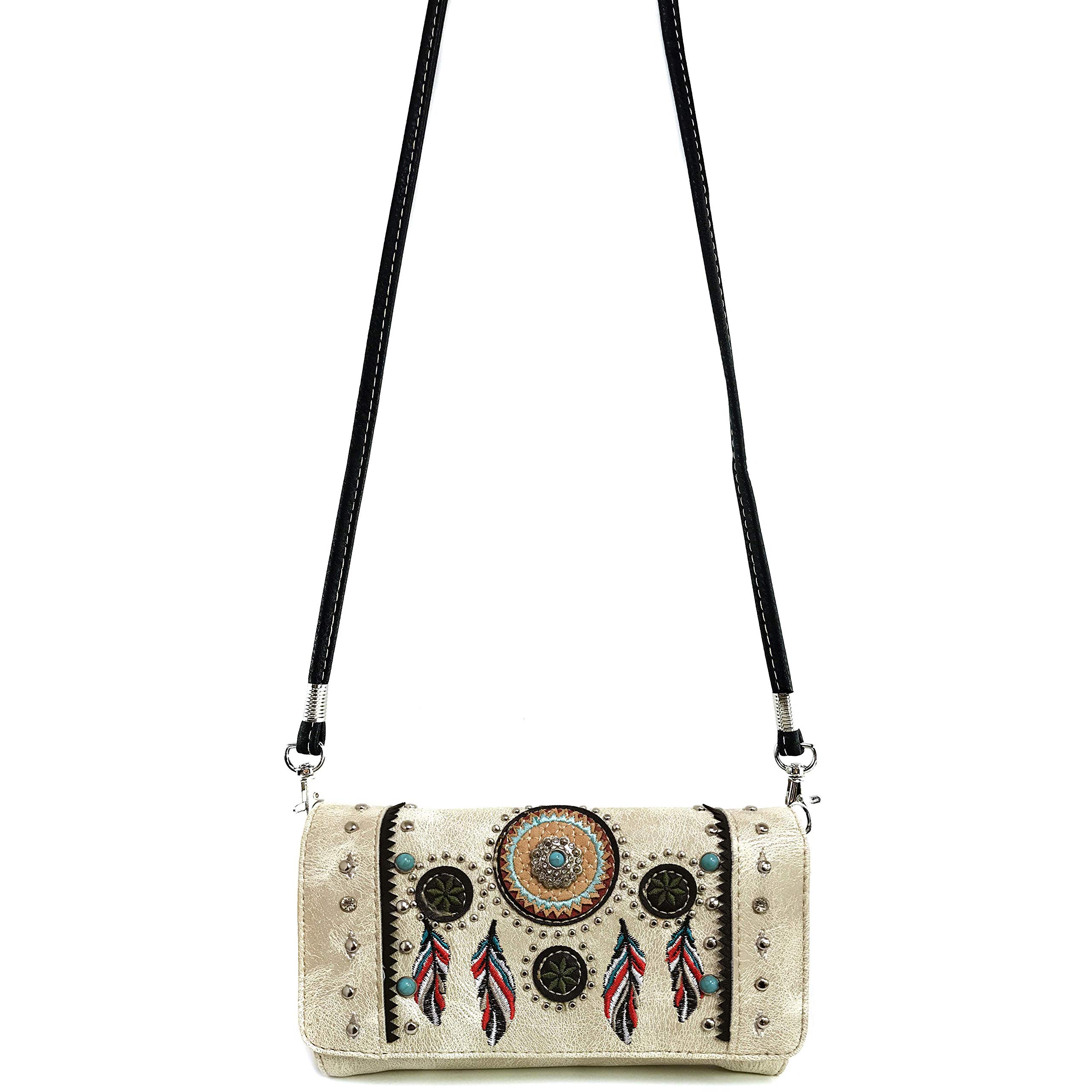 Zelris Tribal Native Dream Catcher Feather Concho Crossbody Fold Wallet (Beige)