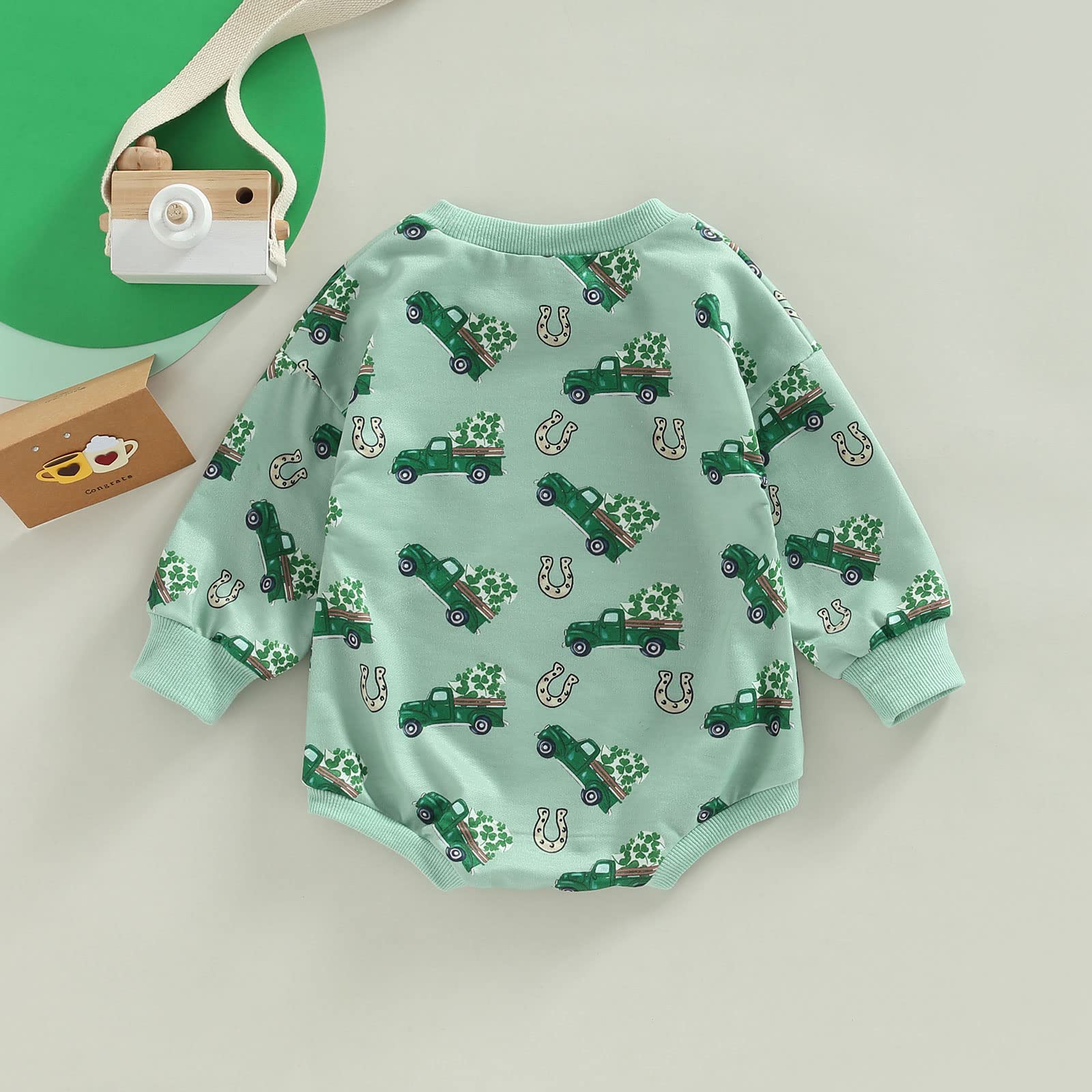 Lamuusaa Newborn Baby Girl Boy St. Patricks Day Outfit Green Clover Romper Sweatshirt Oversized Shirts Spring Clothes (Green Car, 0-3 Months)