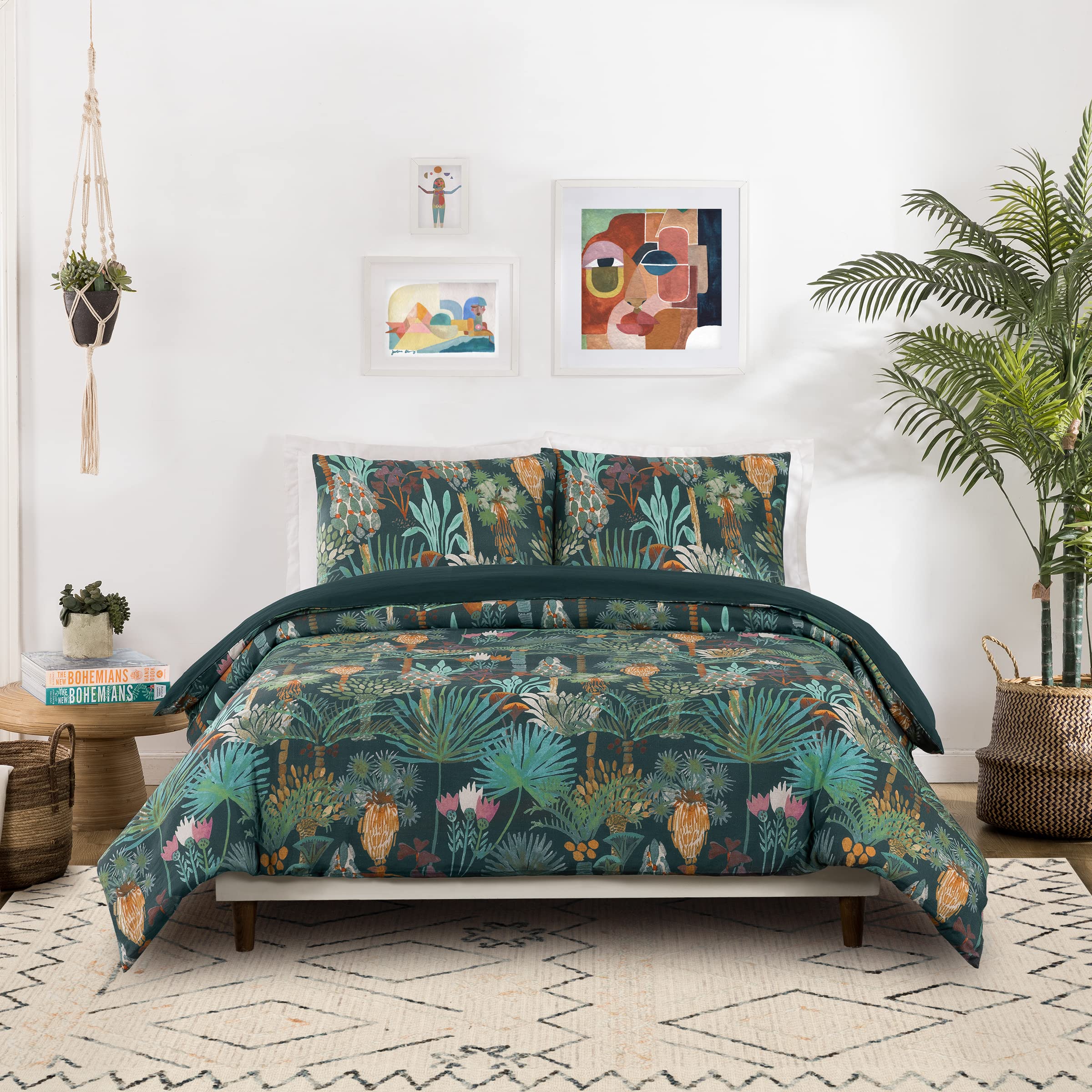 Jungalow Phoenix Cotton Duvet Cover Set, Reversible Green Duvet Cover Set, Botanical Bedding Comforter Cover, 3 Pieces, 1 Duvet Cover and 2 Pillow Shams, King Size