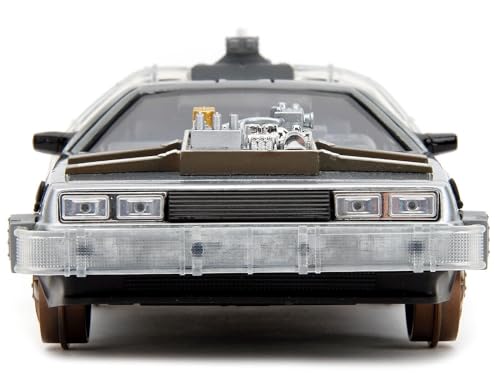 Delorean Brushed Metal Time Machine (Train Wheel Version) with Lights Back to The Future Part III (1990) Movie Hollywood Rides Series 1/24 Diecast Model Car by Jada 34996