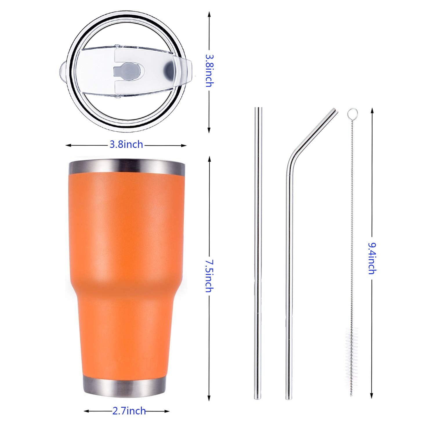 DYNAMIC SE 30oz Tumbler Double Wall Stainless Steel Vacuum Insulated Travel Mug with Splash-Proof Lid Metal Straw and Brush (Orange)