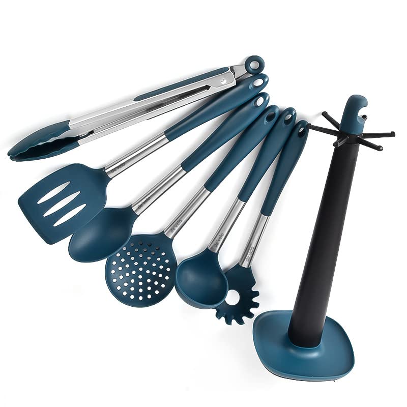 DE'VELO kitchen Cooking Utensils Sets 7pcs Silicone Kitchen Utensils Non-stick Heat Resistant Silicone Kitchen Tools with Stainless Steel Handle for Home Kitchen
