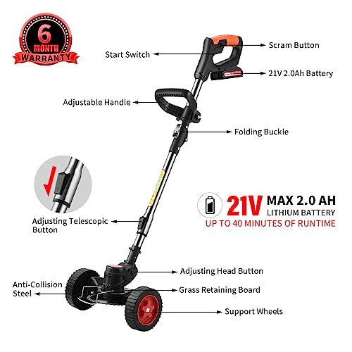 Octrace Electric Weed Wacker, Battery Powered Weed Eater with 1Pc 21V 2.0Ah Battery and Charger,Lightweight 3 in 1 Cordless Trimmer/Edger/Lawn for Garden,Yard(Black)