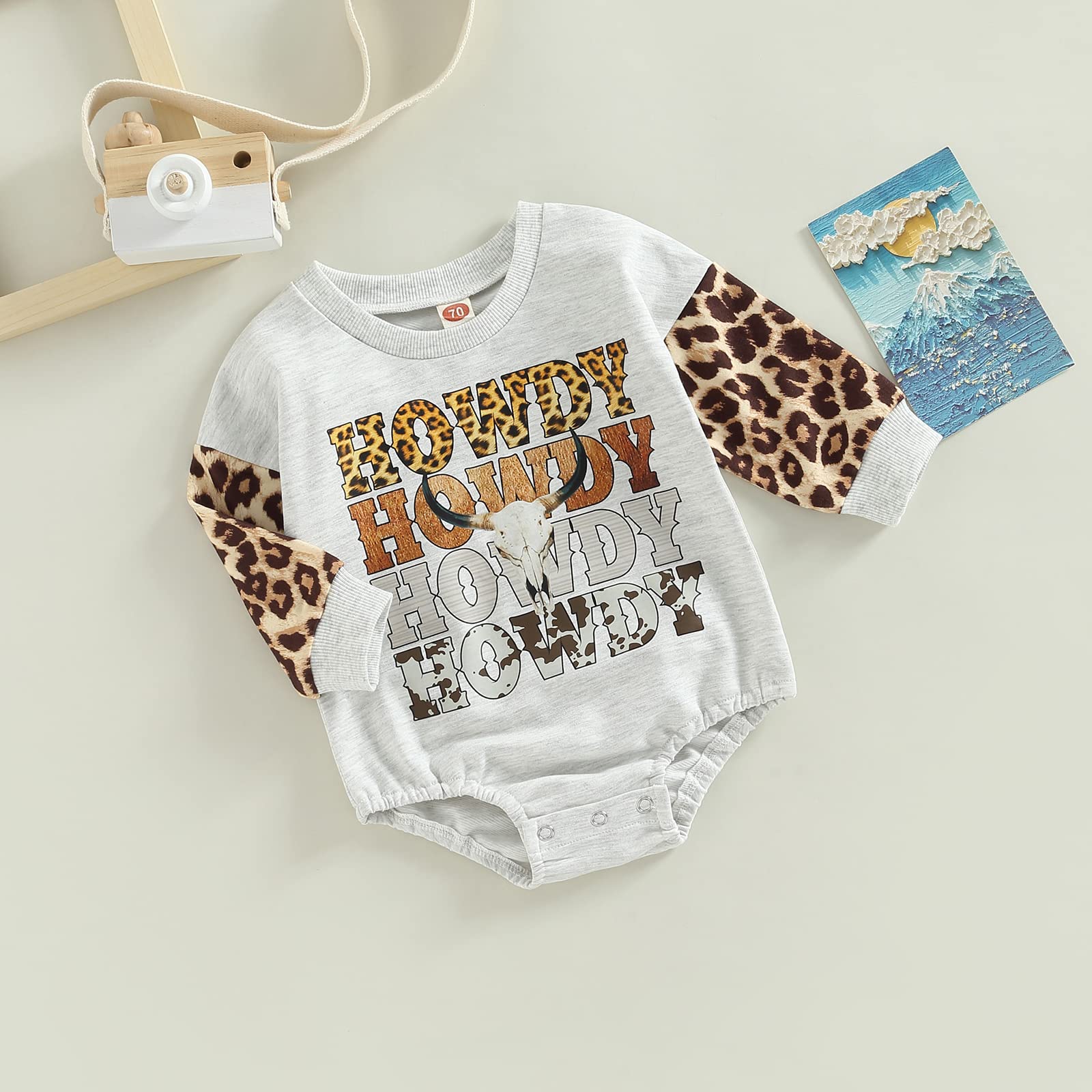 Lamuusaa Western Baby Girl Boy Clothes Long Sleeve Romper Sweatshirt Cow Print Bodysuit Oversized Sweater Fall Outfit 0-24M (Leopard A, 0-6 Months)