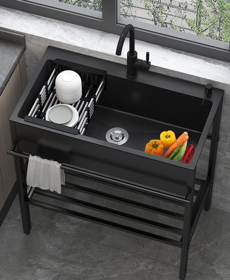 Stainless steel black utility sink, stainless steel, kitchen sink,Eco-friendly paint-free integrated sink with drainer basket, pull-out faucet, drainpipe and filter basket, (Size : 17.7"*32"(45cm*80c