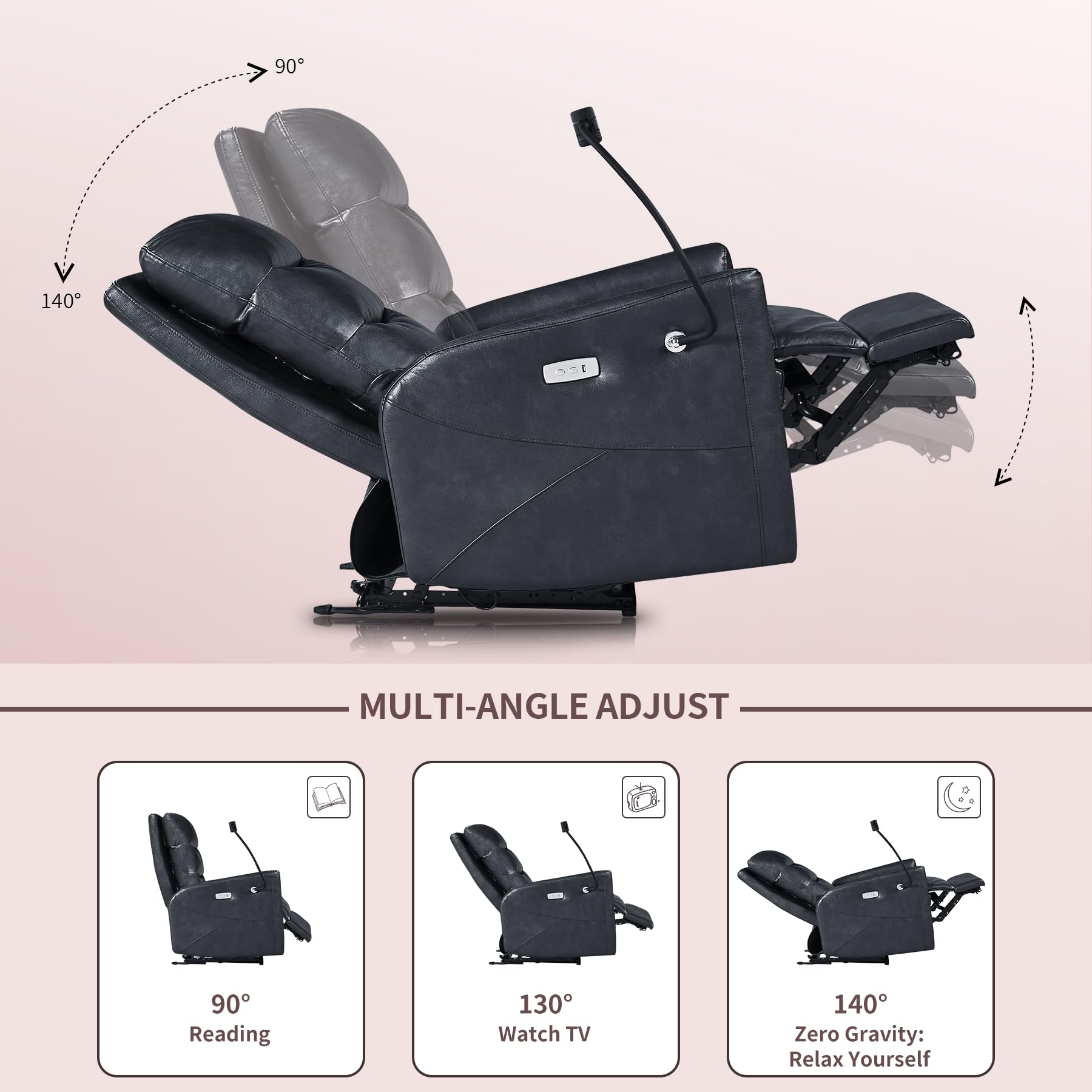 Plococo Zero Gravity Recliner Chair ZGRC001 - Power & Electric Living Room Chair with USB Port, Phone Holder, Breathable Leather - Compact & Small,Gray