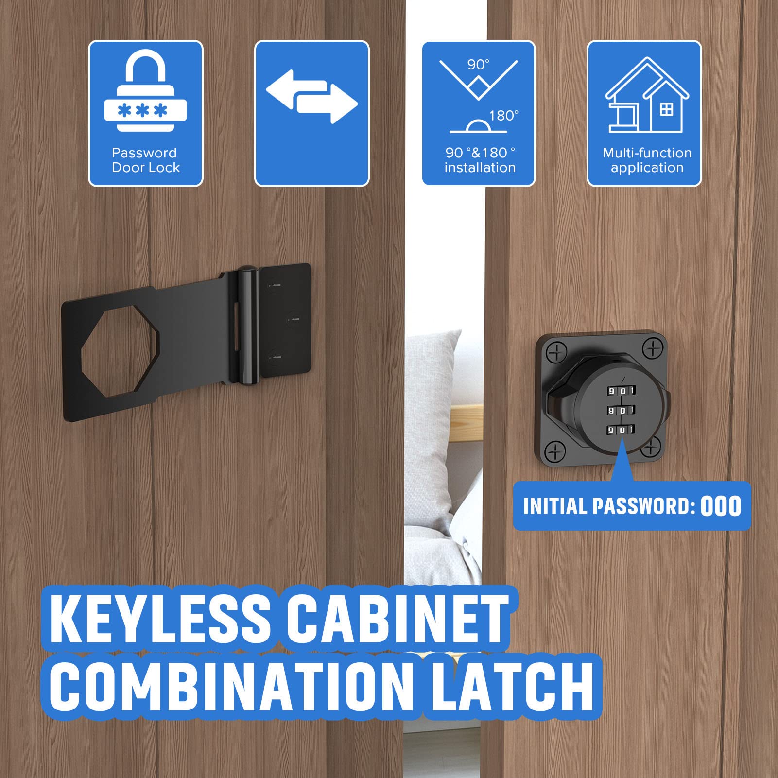 Household Cabinet Password Hasp Locks, Cabinet Door Combination Lock, Door Security Slide Latch Lock for Small Doors, Cabinets, Barn Door, Bathroom, Outdoor, Garden (Black)