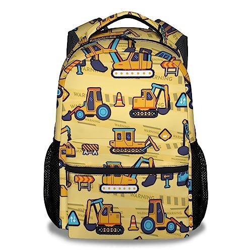 KNOWPHST Construction Backpacks for Boys, 16 Inch Cartoon Truck Backpack for School, Yellow, Large Capacity, Durable, Lightweight Bookbag for Kids Travel