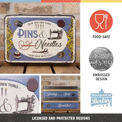 Nostalgic-Art Retro storage tin box flat, 84.5 oz, Pins & Needles Sewing Box β Gift idea for your home, metal can with lid, vintage design