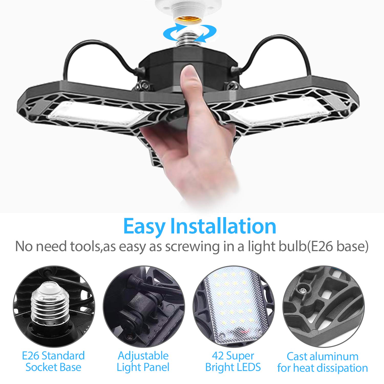Dudu Cream LED Garage Lights 80W, 8000LM Deformable E26/E27 Garage Ceiling Lighting,CRI 80,6500K,50000H Life Time, 3 Panels Adjustable Aluminum Commercial Lighting for Shop, Warehouse, Barn…