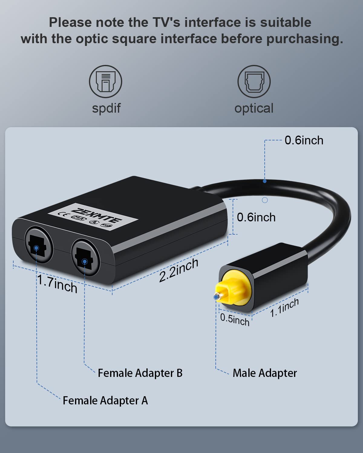 ZEXMTE 【Upgraded】 Optical Fiber Splitter 1 in 2 Out Optical Audio Splitter, Fiber Optical Splitter with 24K Gold Plated Connectors for CD Player, DVD Player, Receiver-Black