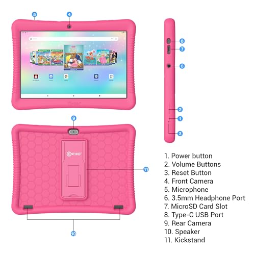 Contixo Kids Tablet K102-10-inch HD, Ages 3-7 Toddler Tablet, Parental Control, Android 10, 64GB, WiFi, Learning Tablet for Children with Disney E-Book Pre-Installed, Kid-Proof Case, Pink