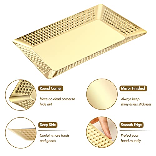 Koluti 12 Inch Gold Rectangle Decorative Tray, Brass Tone Hammered Nightstand Accessory Dresser Serving Plate, Counter Perfume Jewelry Makeup Organizer Storage, Stainless Steel