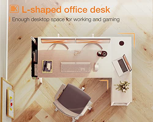 ODK Small L Shaped Computer Desk, 55 Inch Corner Desk with Reversible Storage Shelves & PC Stand for Home Office Workstation, Modern Simple Writing Study Table with Storage Bag for Small Space, White