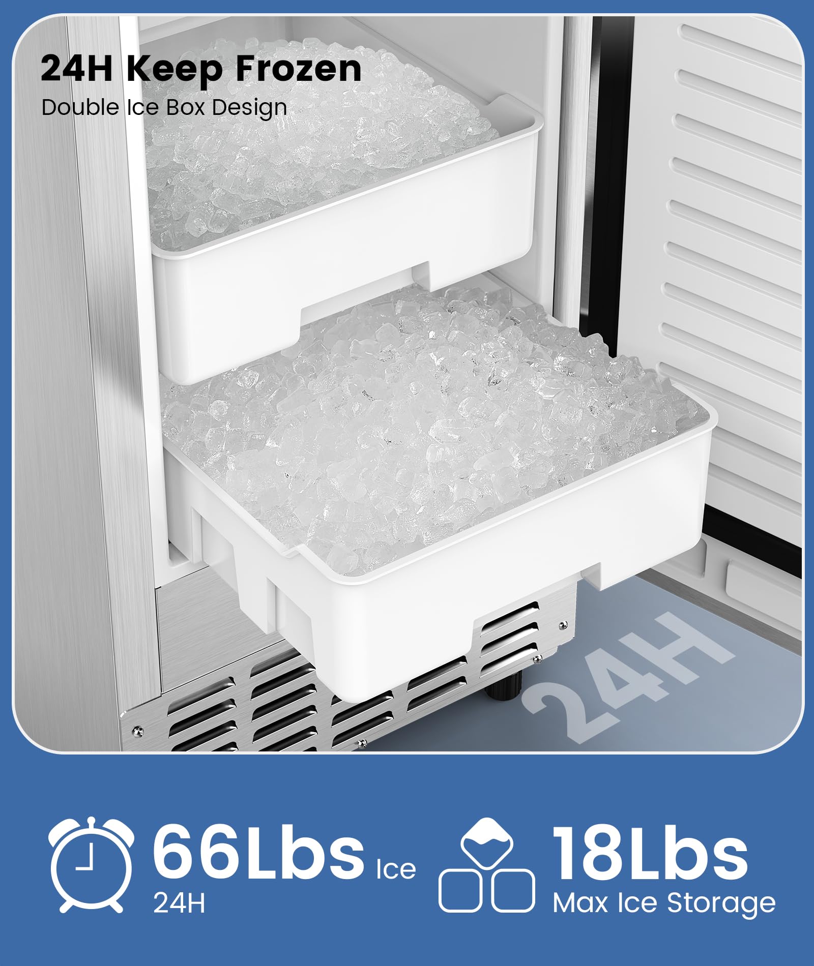 Joy Pebble Commercial Nugget Ice Maker Machine, 66Lbs/Day, Freezer Under Counter Nugget Ice Machine, Self-Clean/24H Timer/LCD Panel/Drain Pump, Stainless Steel Built-in Freestanding Ice Maker