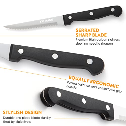 KITWARE Steak Knives Set in Gift Box,4.5 inch Sharp Steak Knives Set of 6, Serrated Edge Knife with Black Handle,Stainless Steel Knifes for Bread, Butter and Meat