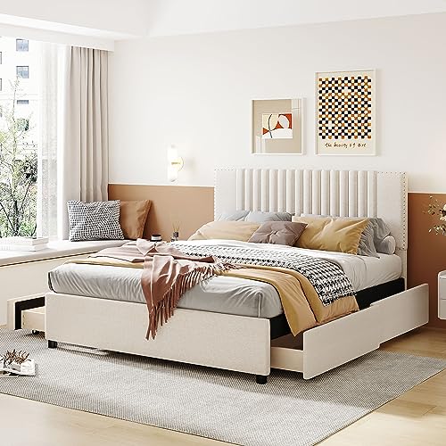 Prohon Upholstered Platform Bed with Classic Headboard and 4 Drawers, Space-Saving Bed Frame Queen Size, Strong Slat Wooden Support with Comfortable Linen Fabric, No Box Spring Needed, Beige