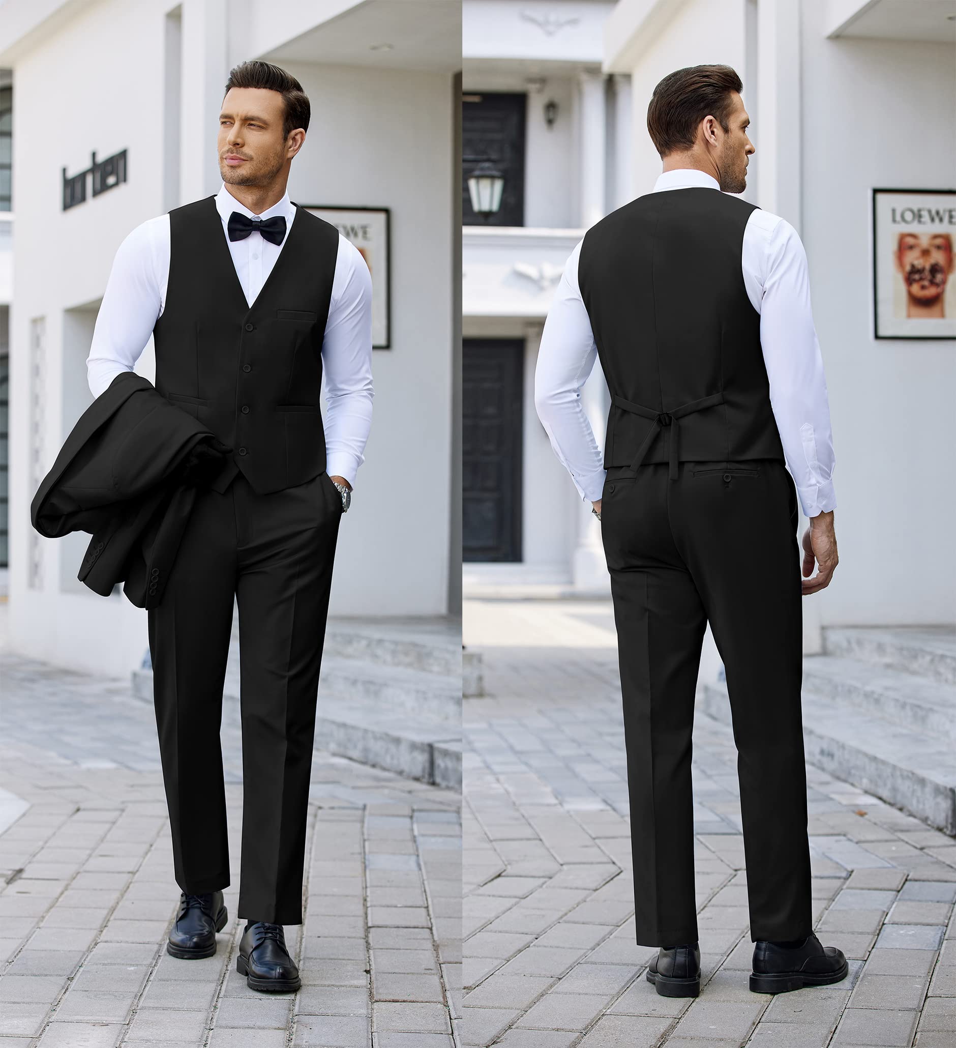 COOFANDY Mens Slim Fit 3 Piece One Button Business Wedding Prom Suits Blazer Tux Vest & Trousers Black Small