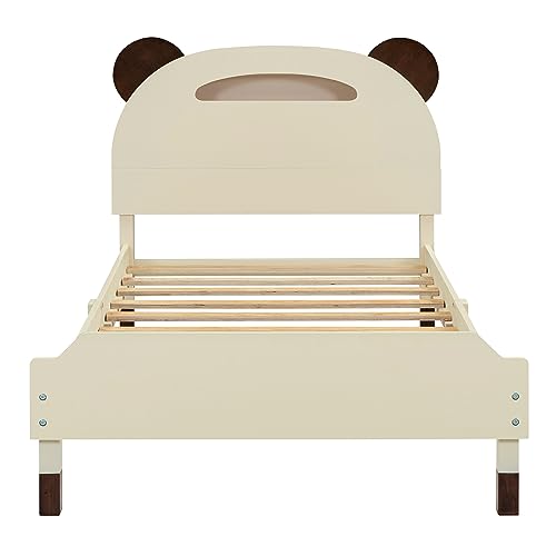 Prohon Wood Bed Frame Twin Size with Bear-Shaped Headboard & Motion Activated Night Lights, Platform Bed with 7.9" Underbed Storage, Cute Bedframe for Kids Boys Girls, No Box Spring Needed, Cream