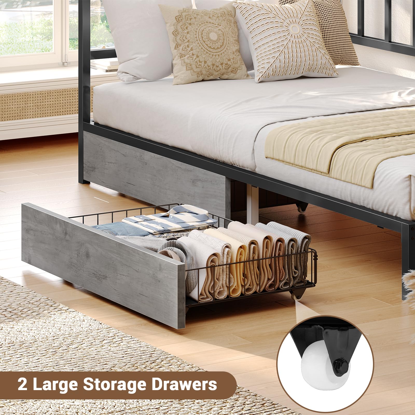 Hasuit Corner Bed Frame Twin Size with LED Light and Charging Station, Modern Twin Bed with 2 Underbed Storage Drawers, Modern Daybed No Box Spring Needed/Noise-Free, Black&Gray
