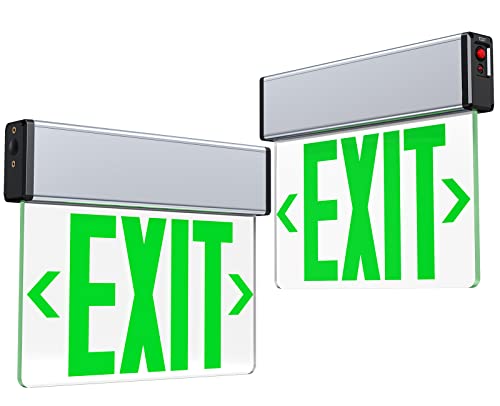 LED Edge Lit Exit Sign Aluminum Housing AC 120-347V Emergency Exit Light with Battery Backup Single Sided Acrylic Clear Panel Commercial Exit Signs, Top/Side/Wall Mount, UL Certified (2 Pack, Green)