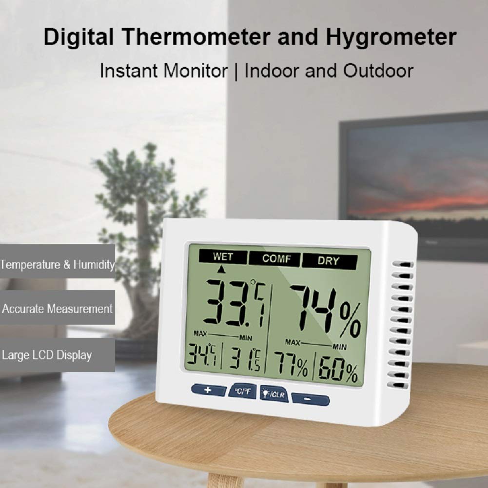 Digital Hygrometer Indoor Thermometer, Temperature Humidity Gauge with Backlit Accurate Monitor Clear Reading, °C/°F Switch, Accuracy Calibration, Max/Min Records, Ideal for Home, Office - White
