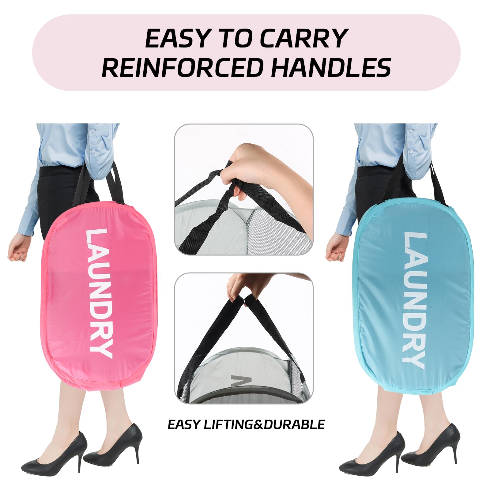 podafu 2 Pack Collapsible Kids Laundry Basket With Handles Mesh Pop Up Laundry Hamper for Bedroom, Dorm ,Travel or Camper (Pink + Blue)
