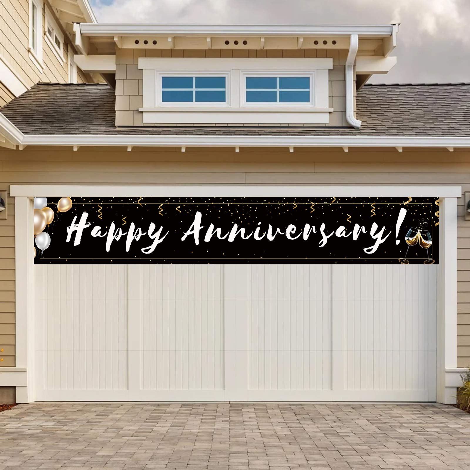 TZSS Happy Anniversary Decorations, Black Happy Anniversary Banner Yard Signs, Wedding Anniversary Decorations for Party(118" X 20")