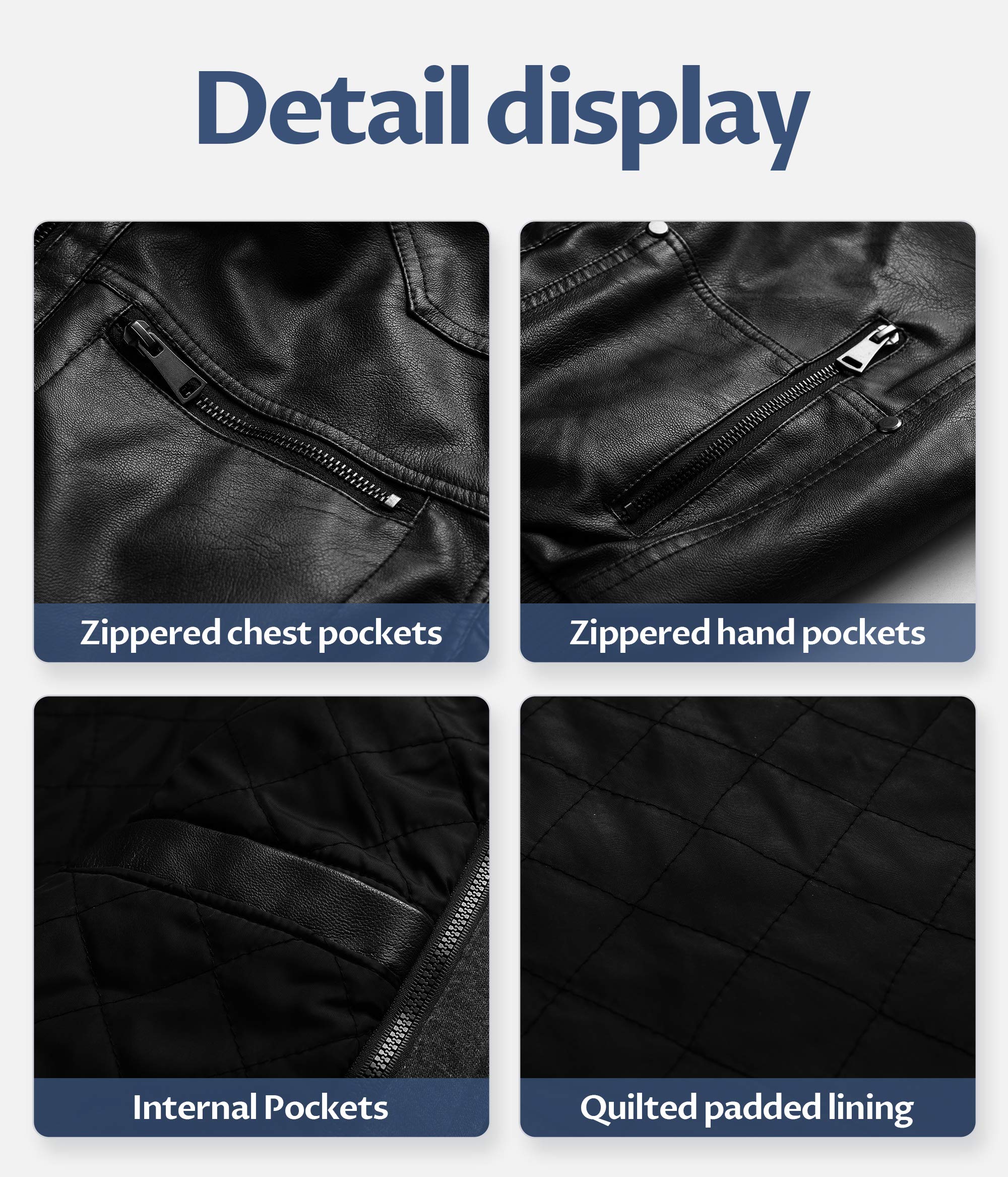 CREATMO US Men's Faux Leather Jacket Vintage Motorcycle Jacket Stand Collar Bomber Jacket Black M