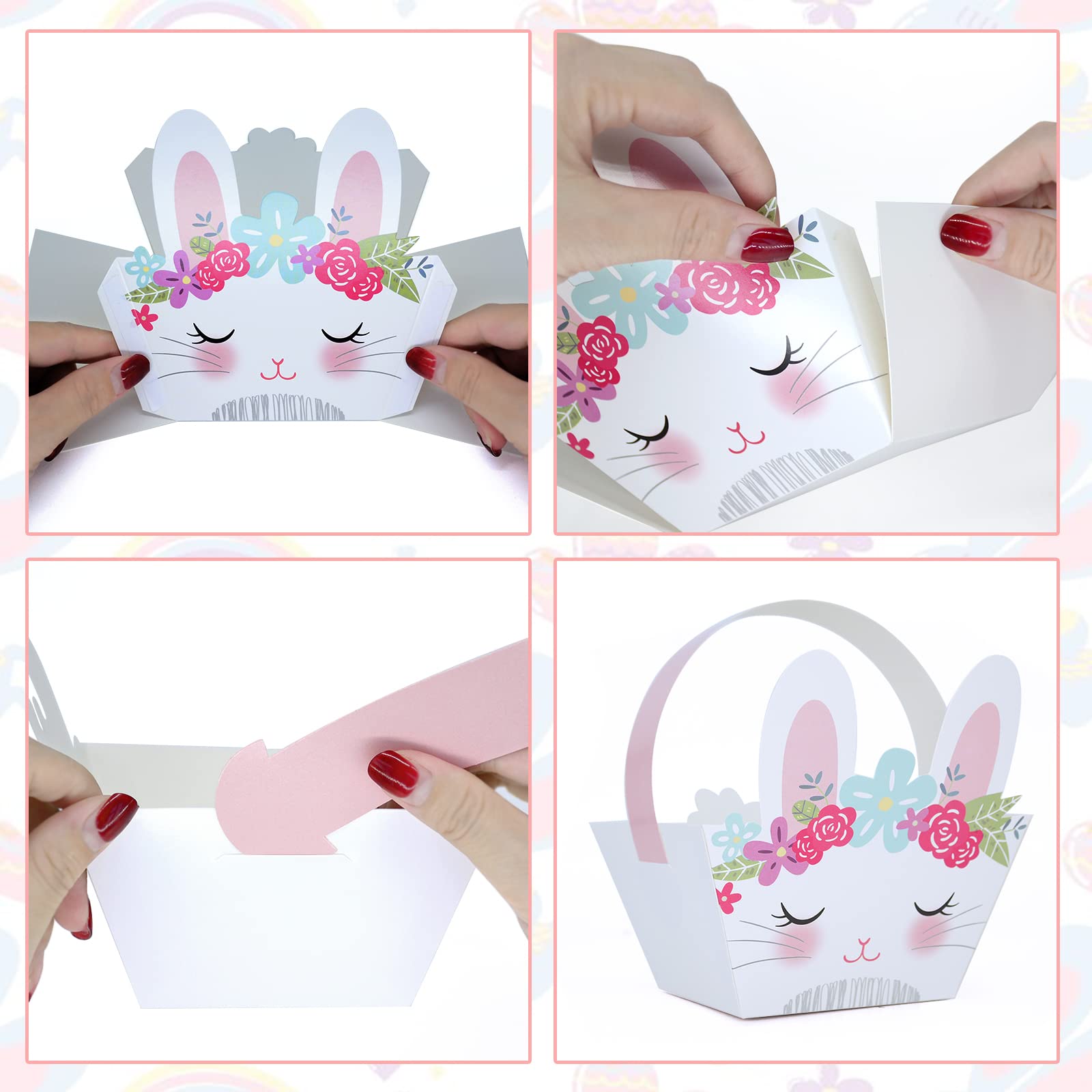 WEEPA Easter Treat Boxes Mini Paper Easter Baskets for Kids DIY Egg Hunt Bunny Gift Box with Handle Cute Bunny Easter Basket Containers Easter Party Decoration for Birthday Baby Shower, 12 pcs