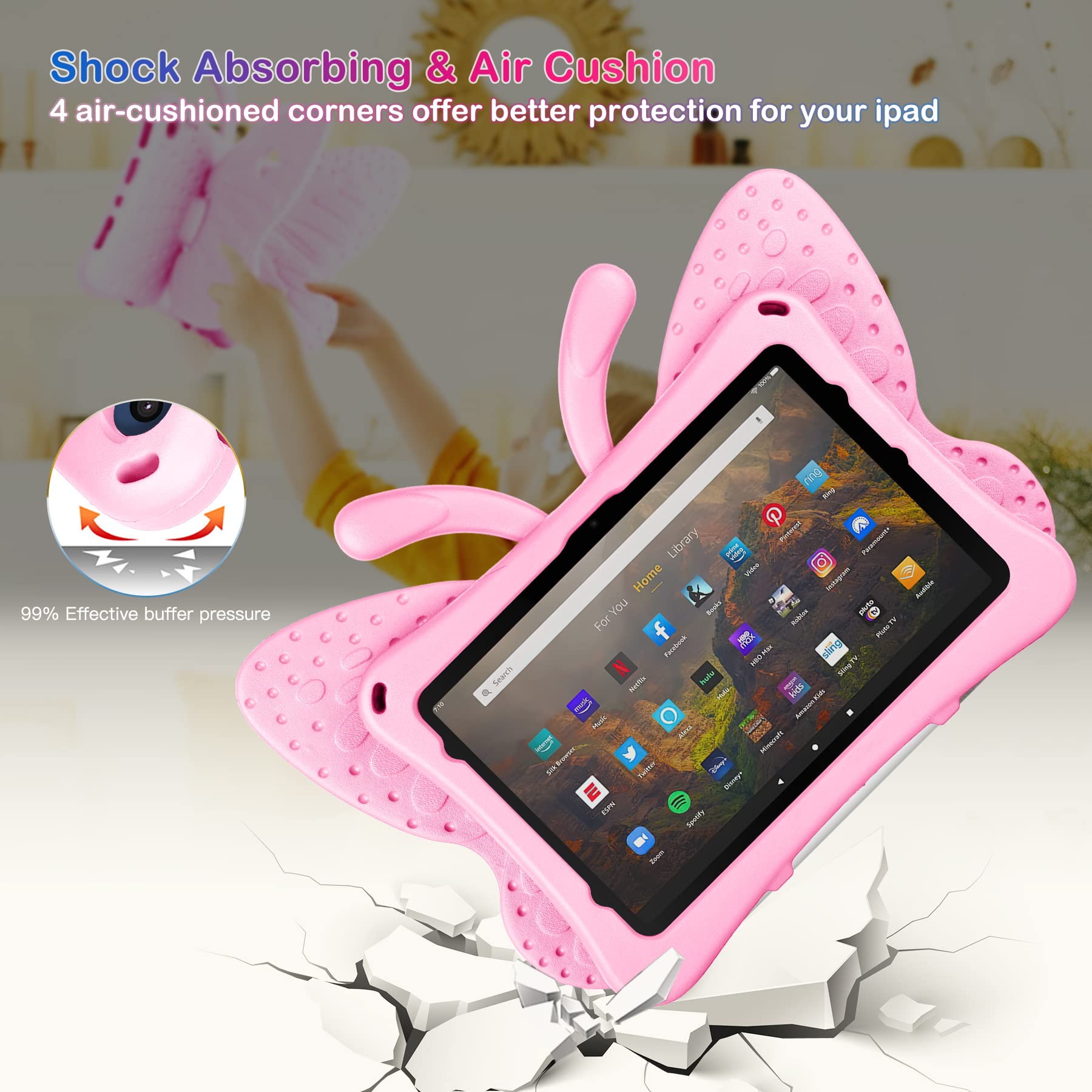 Foluu for All-New Amazon Fire HD 10 and Fire HD 10 Plus (11th Generation, 2021 Release), Fire HD 10 2021 Kids Case, Butterfly Non-Toxic EVA Shockproof Case with Kickstand for Fire HD 10 2021 (Pink)