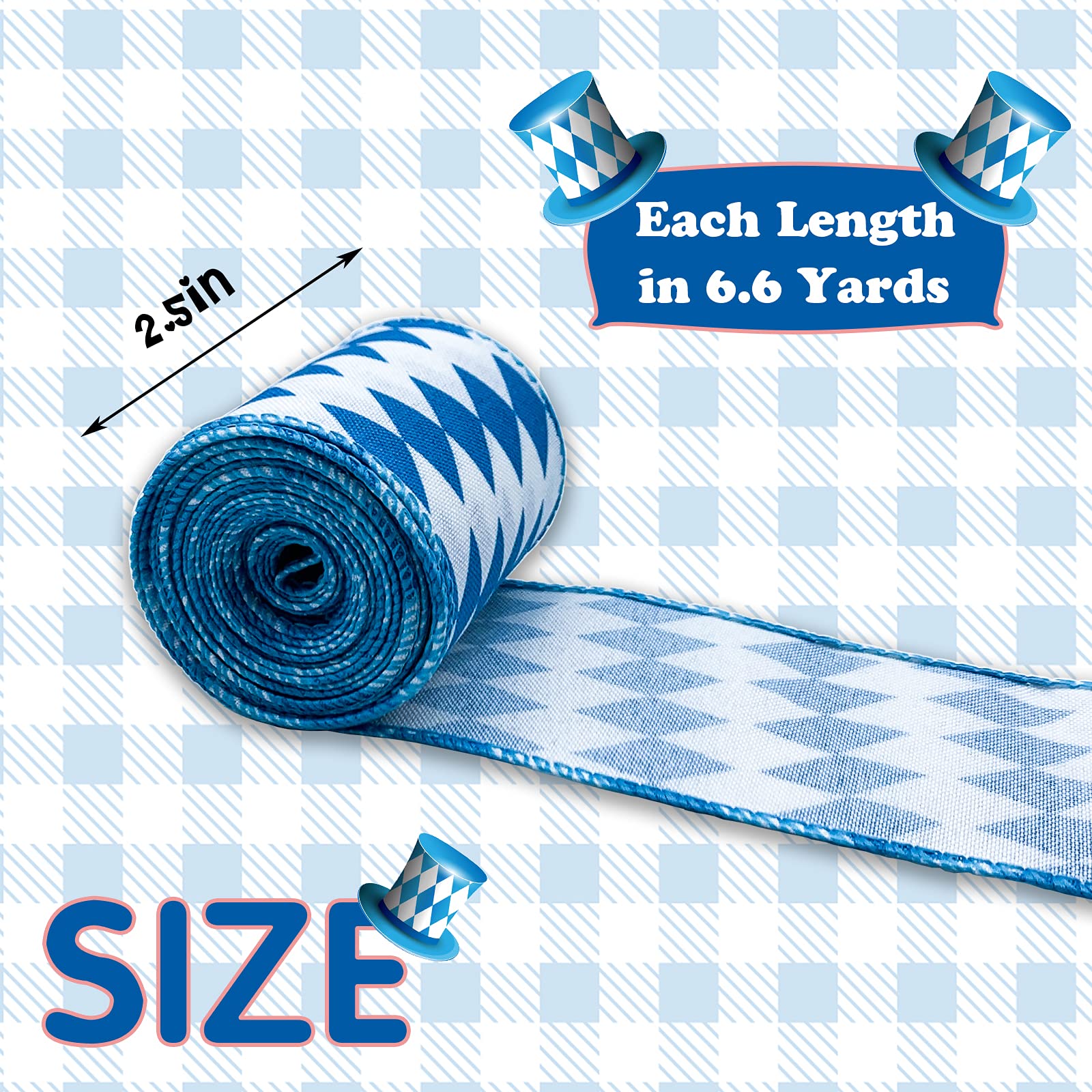 Wehhbtye 20 Yard Oktoberfest Wired Edge Ribbon - 2.5Inch Blue and White Diamond Check Wired Edge Ribbon Oktoberfest Bavarian Gingham Decorative Ribbon for DIY Craft Wrapping Bow Home Party Decor