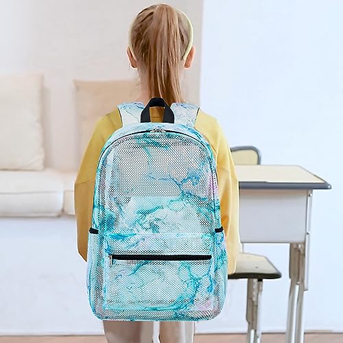 LEDAOU Mesh Backpack for Kids Girls Semi-Transparent Mesh School Backpack Bookbag Lightweight Casual Daypacks for Beach Gym(Marble Purple Blue Green)