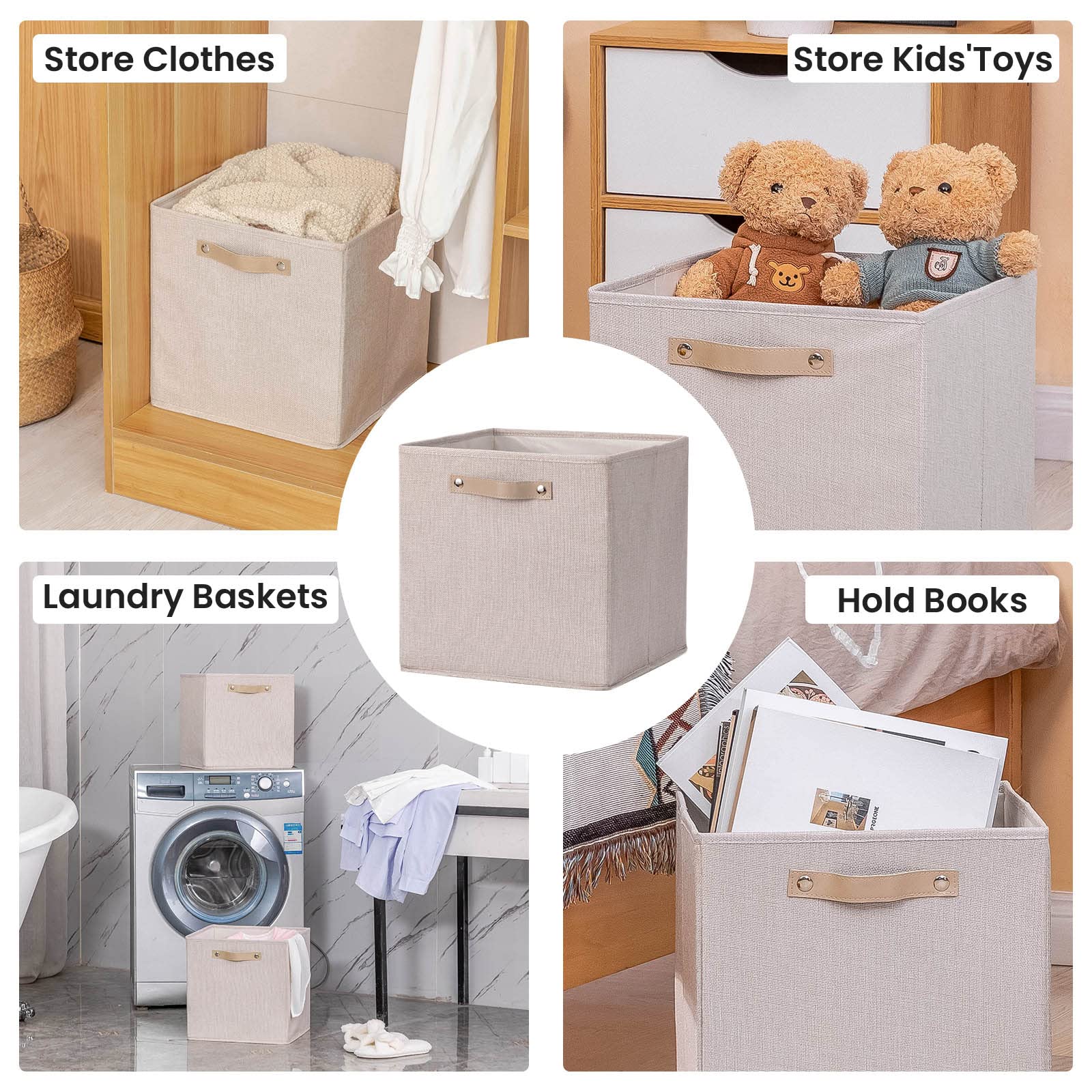 DULLEMELO Fabric Storage Cubes 13×13 Storage Bins, Set of 4 Cube Storage Bins Baskets With Handles for Organizing Toys Clothes, Foldable Cube Organizers for Shelves, Home, Office, Nursery, White&Grey