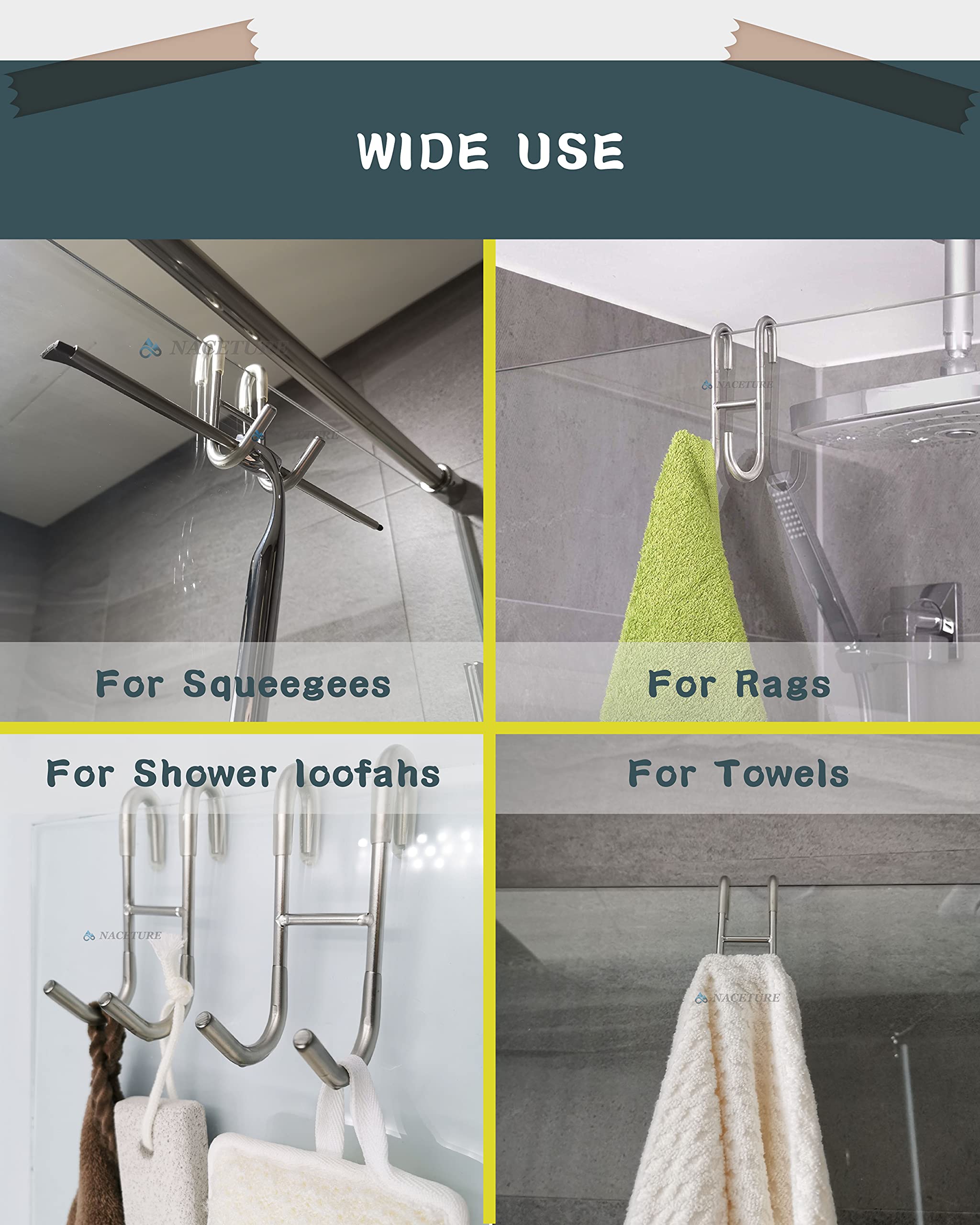 NACETURE Over Shower Door Hooks (3 Pack) Towel Hooks Towel Hanger for Bathroom No Drill Frameless Glass –Stainless Steel Bar Holder, Shower Squeegee Rack, Glass Robe Hook for Organize (Clear 3 Pack)