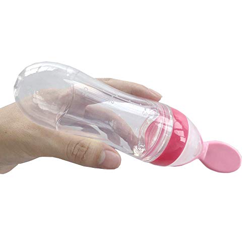 Silicone Squeeze Bottle Spoon Baby Feeding Cereal, Rice, Supplement with Dispensing Feeder, Food Dispensing Spoon, Infant Newborn Toddler Food Supplement Set- 90ml Pink