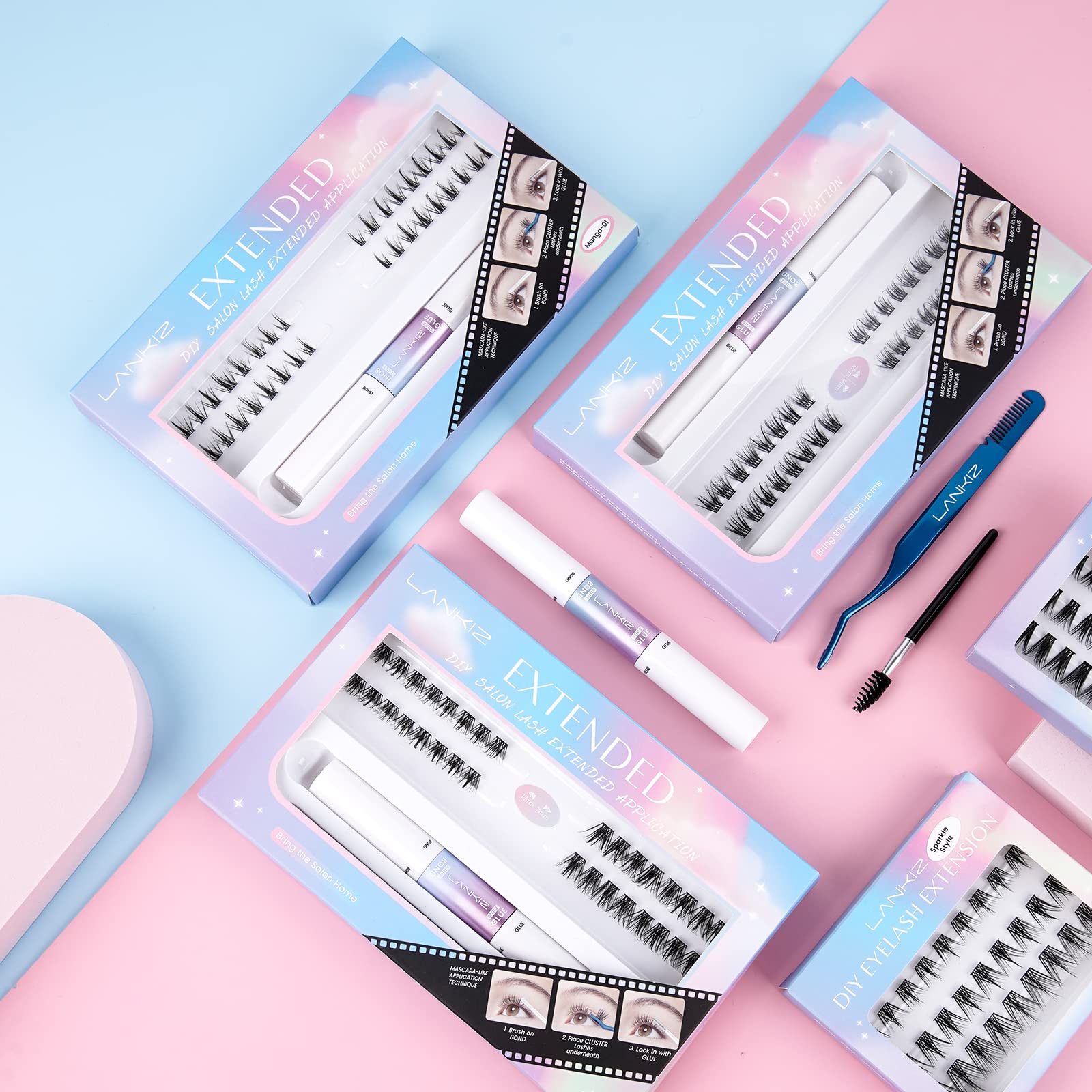 LANKIZ-DIY-Lash-Extension-Kit, with Super Hold Mascara Brush Bond & Seal Glue, Faux Mink Wide-Stem Cluster Lashes Starter Kit at Home, DIY Individual Eyelash Extensions