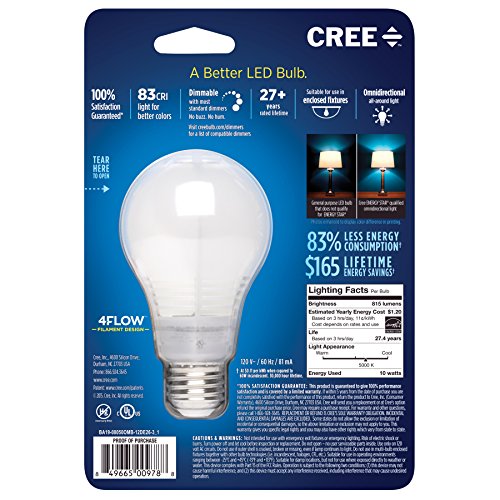 Cree BA19-08050OMB-12DE26-3_120 60W Equivalent 5000K A19 LED Light Bulb with 4Flow Filament Design (8 Pack), Daylight