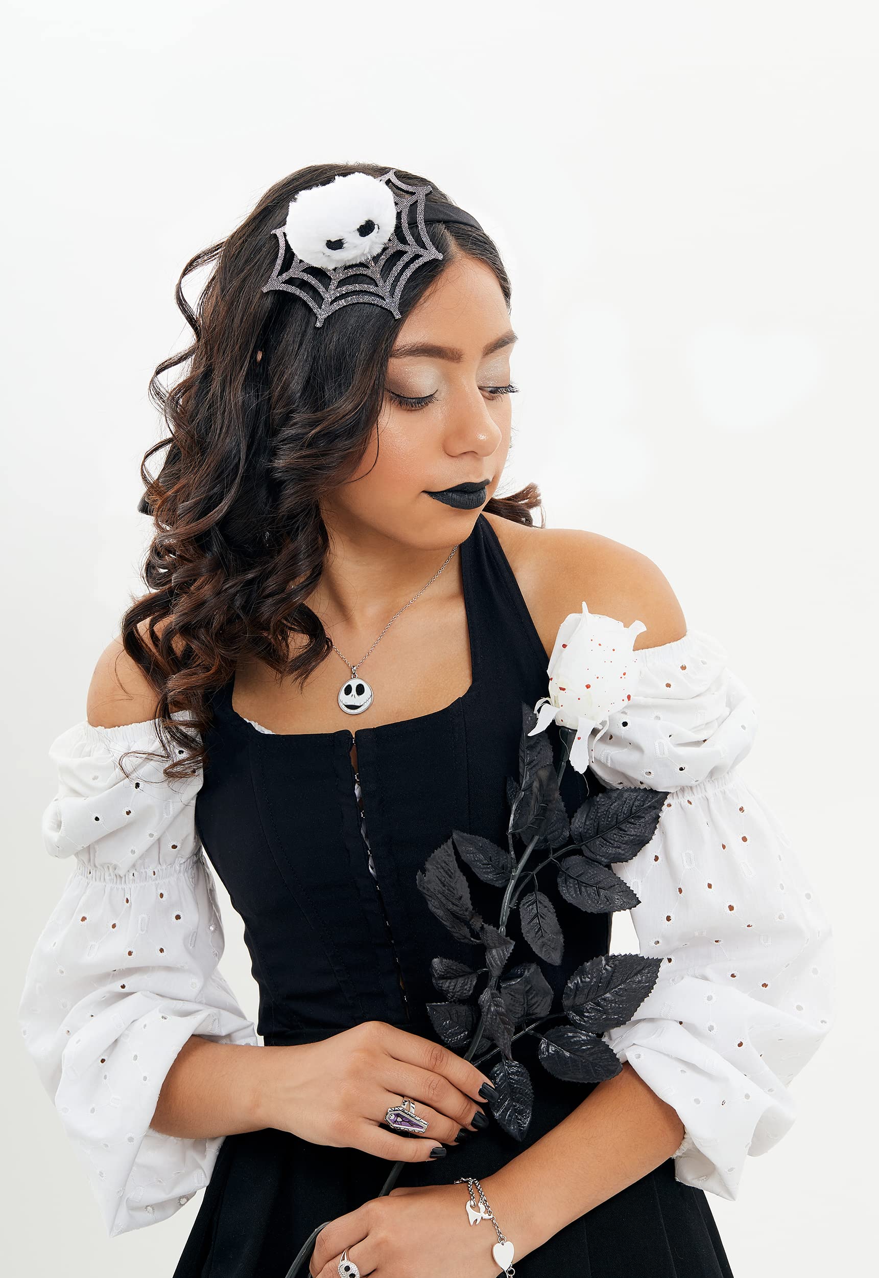 Disney The Nightmare Before Christmas Headband for Women - Black Batwings Headband with Striped Bow and Jack Skellington Charm