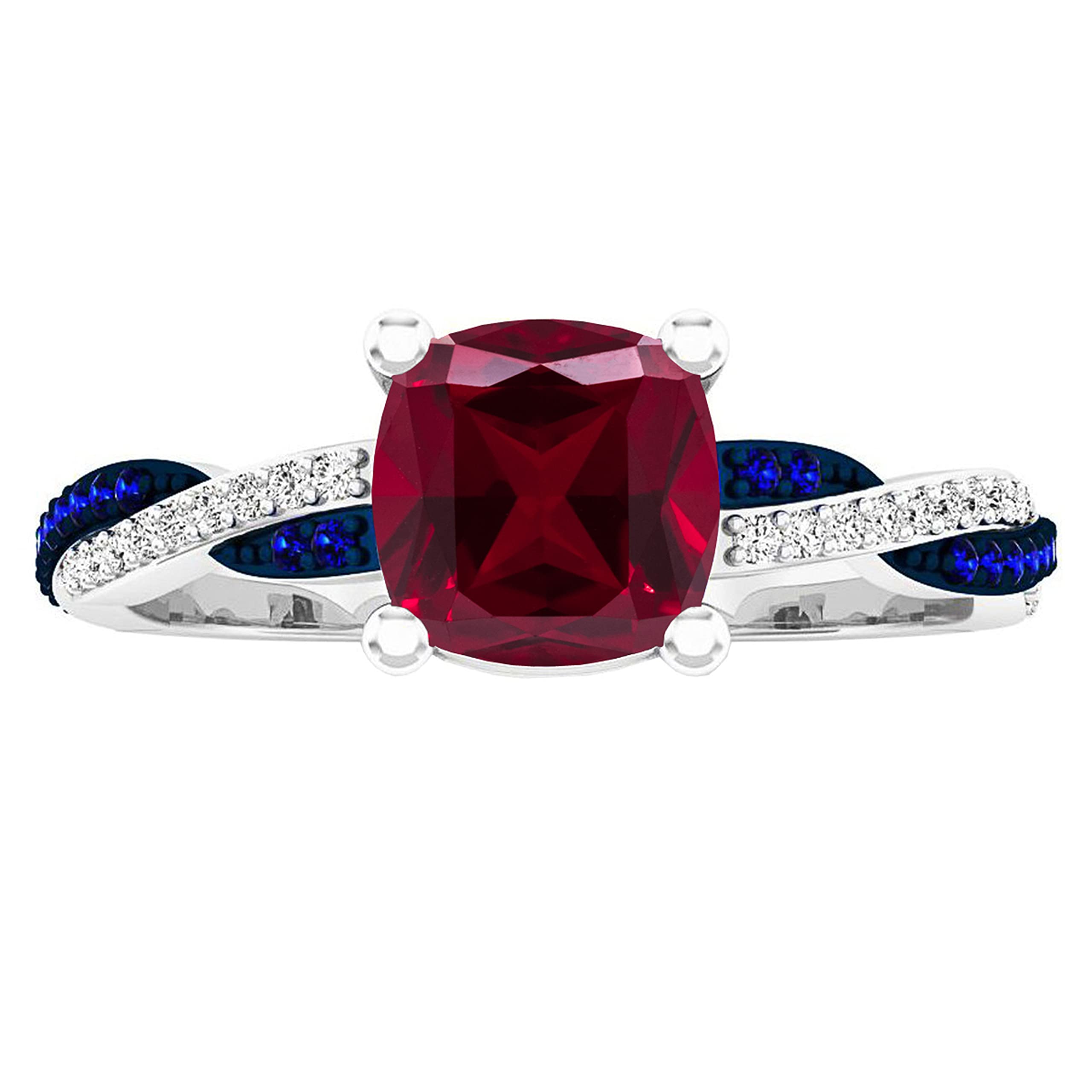 Dazzlingrock Collection 6 MM Cushion Lab Created Ruby with Round Blue Sapphire & Diamond Women Engagement Ring | 14K White Gold, Size 8.5