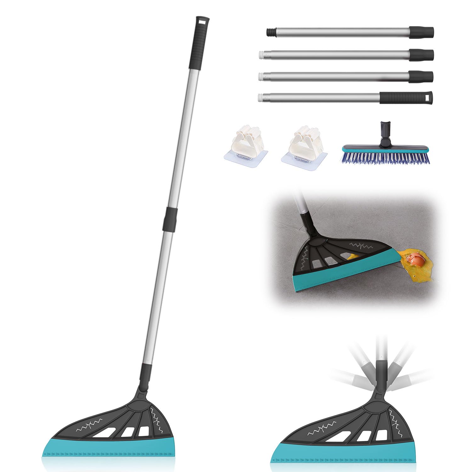 Magic Broom with V-Shape Brush, 2 in 1 Squeegee Broom for Floor Cleaning, 60β Long Handle Silicone Broom Sets to Clean pet Hair, Ketchup, Glass Shards (Grey)