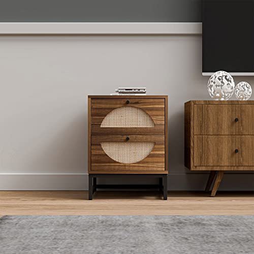 HOYOC Rattan Nightstands Set of 2, Side Table with Hand Made Rattan Decorated Drawers Accent Bedside Tables 2 Solid Wood Drawers Storage End Table for Living Room, Bedroom, Apartment