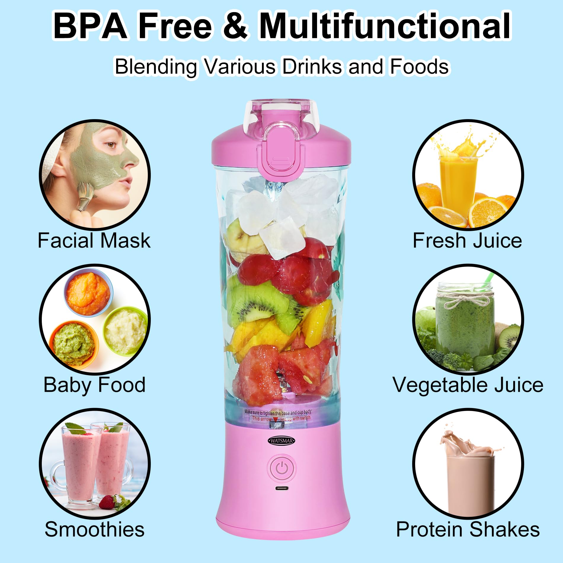 Portable Blender for Shakes and Smoothies 20 Oz, Waterproof Personal Blender USB Rechargeable with 6 Blades and Travel Lid for Kitchen, Office, Gym & Travel (Light Purple)