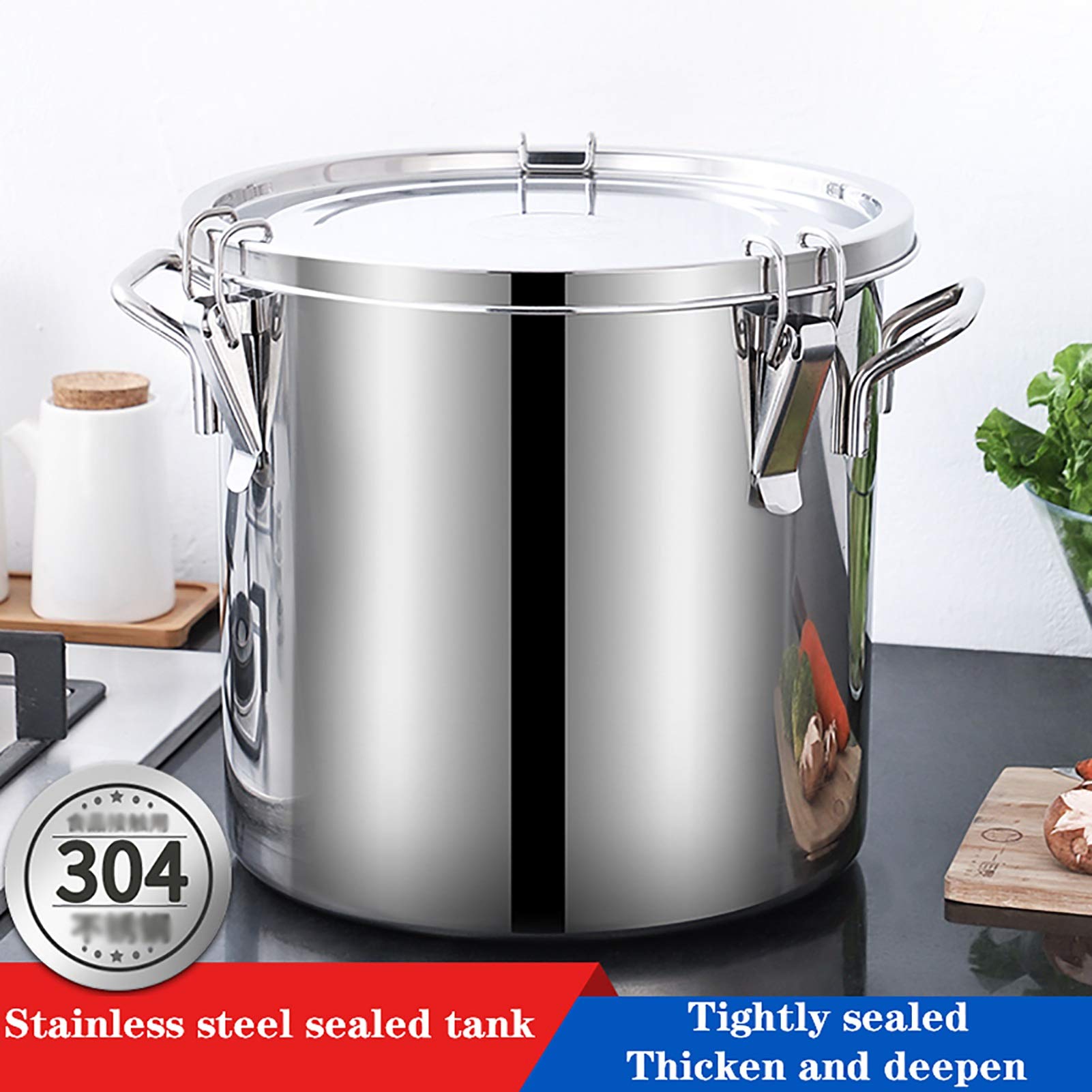 Stockpots Large Stock Pot,304 Stainless Steel Sealed Bucket, Sealed jar with lid,Double-layer Thickened, 24-hour Heat Preservation (Color : Silver, Size : 35cm35cm(33L))