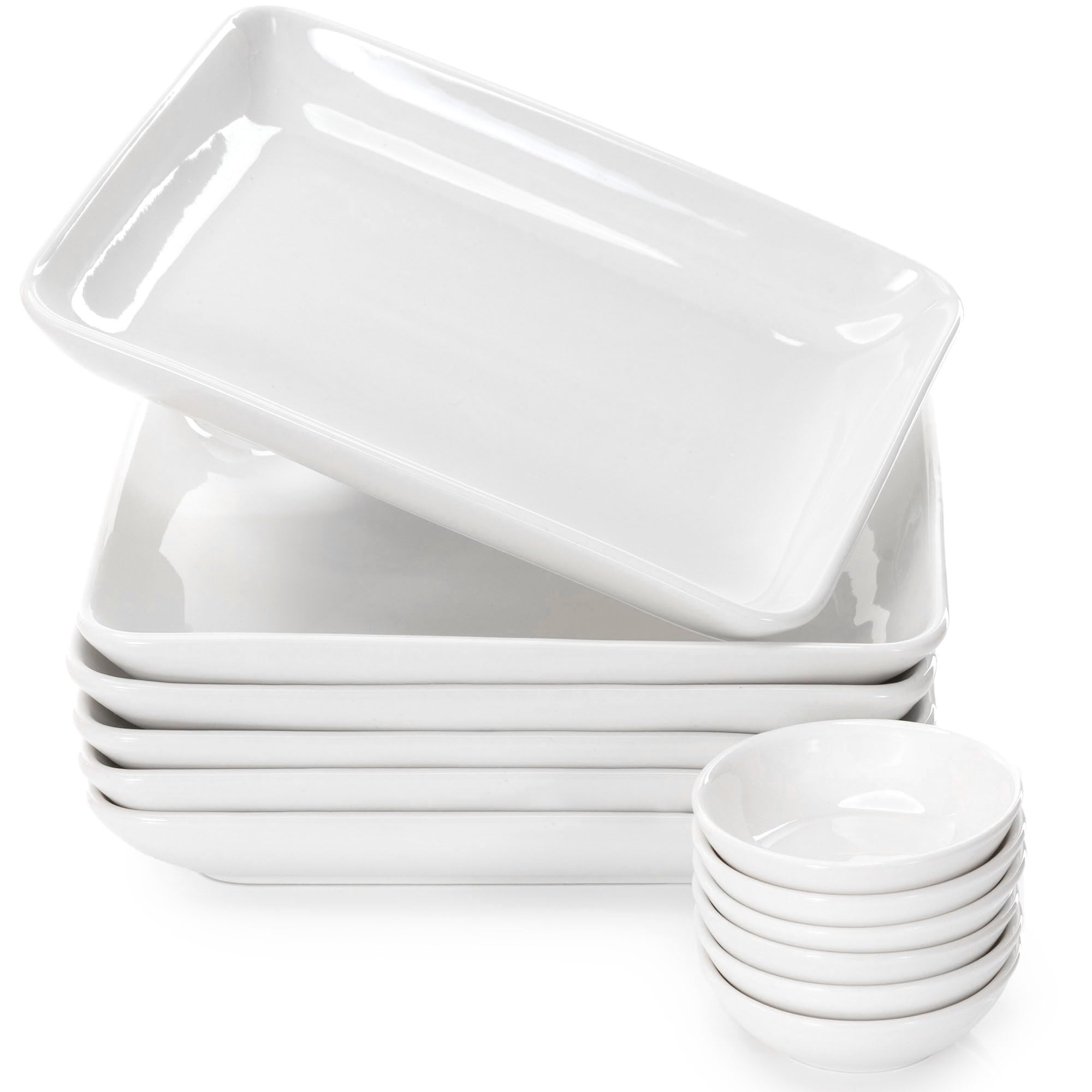 FAMHH 8 Inch Appetizer Plates Set with Dipping Cups for Serving, Desserts, Salads – Chip-Resistant, Porcelain, Rectangular Dinner Plates – Free of Plastic & Lead – 6 Small, White Dinner Plates & Cups