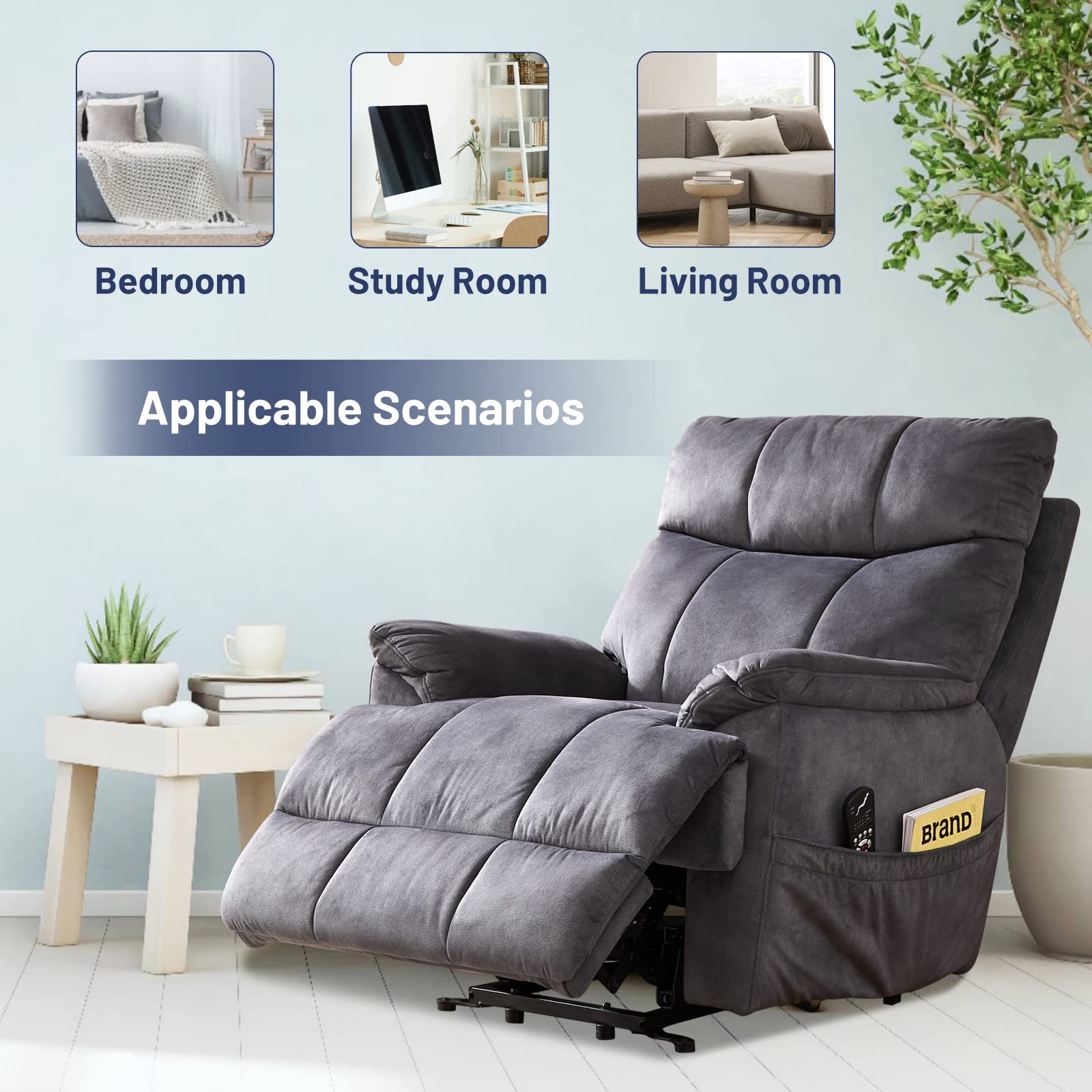 Comfort Stretch Electric Single Sofa for Elderly Up to 300Lbs Living Room Side Pocket Power Lift Recliner Chair with 8 Points Massage and Heating Functions, Large, Grey